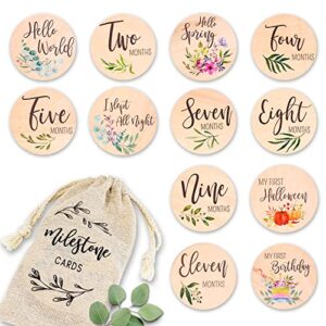 Beautiful Baby Monthly Milestone Cards - The Perfect Newborn Photography Props to Document Your Baby´s Growth - 10 Reversible Wooden Circles/Discs incl. Announcement & Hello World Sign