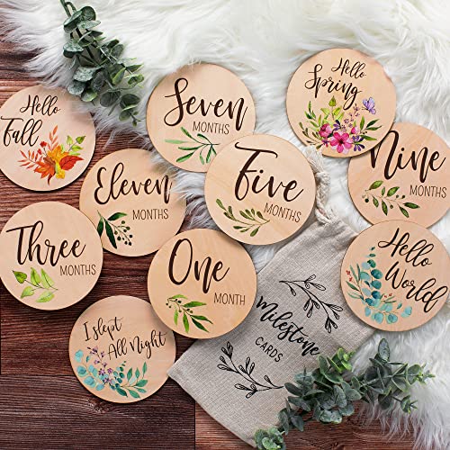 Beautiful Baby Monthly Milestone Cards - The Perfect Newborn Photography Props to Document Your Baby´s Growth - 10 Reversible Wooden Circles/Discs incl. Announcement & Hello World Sign