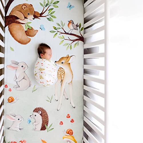 Rookie Humans 100% Cotton Sateen Fitted Crib Sheet: Enchanted Forest. Modern Nursery, Use as a Photo Background for Your Baby Pictures. Standard Crib Size (52 x 28 inches) Woodland Theme