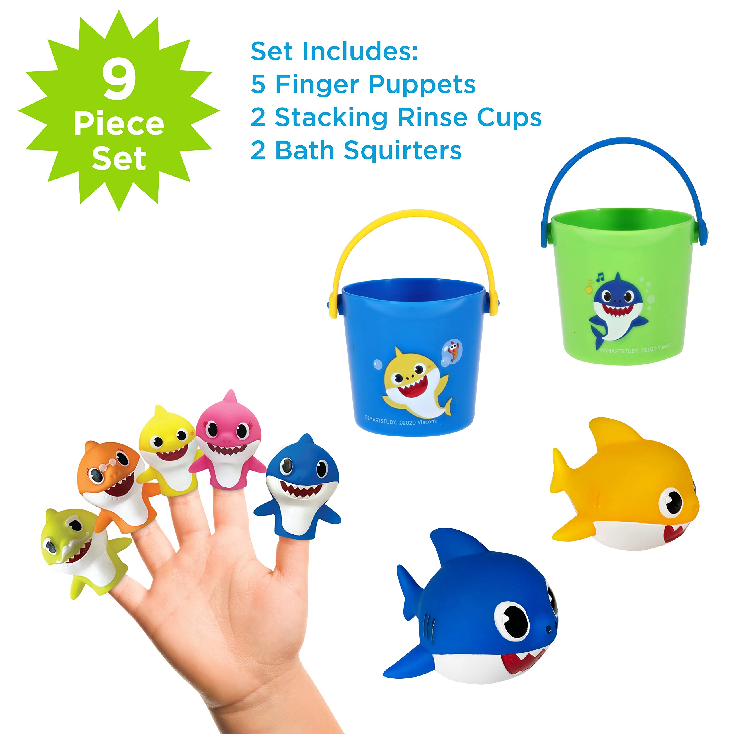 Nickelodeon Pink Fong Baby Shark Bath Toys Set for Children's Tub Time - Cups, Finger Puppets, and Bath Squirters, Blue/Green, 9 Pieces