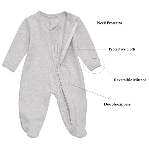 Aablexema Baby Footie Pajamas with Mitten Cuffs, Double Zipper Infant Cotton Onesie Sleeper Pjs, Footed Sleep Play (0-3m, Ivory & Grey & Blue)