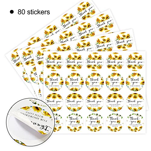 80 Sunflower Baby Shower Thank You Stickers, Sunflower Bridal Shower Wedding Favor Labels, Sunflower Birthday Party Favor Wrap Stickers (2 Inch)