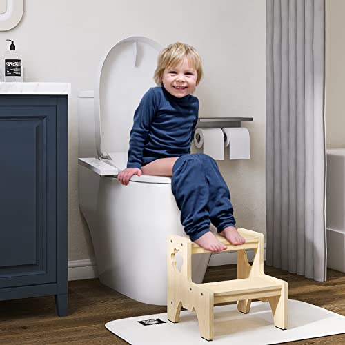 Wooden Toddler Step Stool for Kids, Bowdanie Two Step Stool Adults with 4 Non-Slip Pads and 2 Carpets, Wood Stepping Stool for Bathroom Sink, Kitchen Stools & Potty Training Bedroom Home Use (Natural)