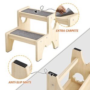 Wooden Toddler Step Stool for Kids, Bowdanie Two Step Stool Adults with 4 Non-Slip Pads and 2 Carpets, Wood Stepping Stool for Bathroom Sink, Kitchen Stools & Potty Training Bedroom Home Use (Natural)