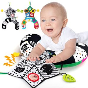 teytoy tummy time pillow with crinkle mat & teethers, black and white high contrast baby toys with mirror, montessori sensory crawling toy for infant newborn toddler tummy time toys 0-6 months babies