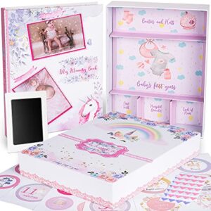 kemella kreations my memory book with keepsake box, baby milestone stickers, photo corners & footprint kit, unicorn design - baby first five years, scrapbook, journal, photo album for newborn to 5 years, girl