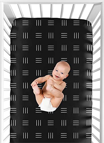 Sweet Jojo Designs Black and White Boho Mudcloth Boy or Girl Fitted Crib Sheet Baby or Toddler Bed Nursery - White Black Bohemian Woodland Tribal Southwest Mud Cloth Hatch Gender Neutral Triple Line