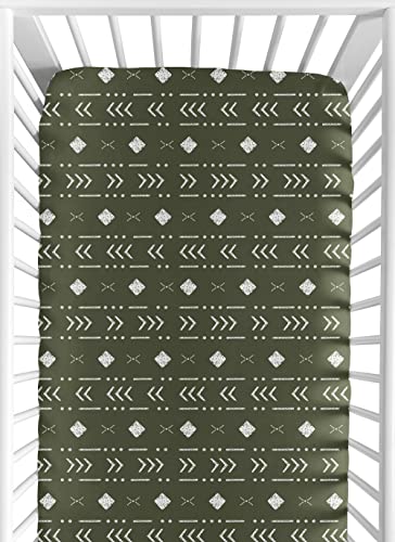 Sweet Jojo Designs Hunter Green Boho Tribal Mudcloth Boy or Girl Fitted Crib Sheet Baby or Toddler Bed Nursery - White Woodland Bohemian Southwest Geometric Arrow Gender Neutral Aztec Mud Cloth