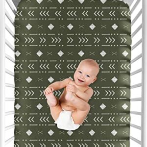 Sweet Jojo Designs Hunter Green Boho Tribal Mudcloth Boy or Girl Fitted Crib Sheet Baby or Toddler Bed Nursery - White Woodland Bohemian Southwest Geometric Arrow Gender Neutral Aztec Mud Cloth