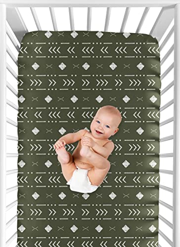 Sweet Jojo Designs Hunter Green Boho Tribal Mudcloth Boy or Girl Fitted Crib Sheet Baby or Toddler Bed Nursery - White Woodland Bohemian Southwest Geometric Arrow Gender Neutral Aztec Mud Cloth