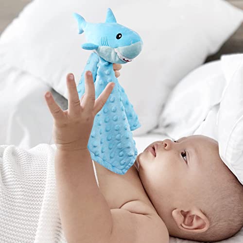 Shark Security Blanket Soft Loveys for Babies Boy Minky Dot Snuggle Plush Lovie Blue Stuffed Ocean Animal Sleeping Blanket Newborn Nursery Unisex Blankie 15 Inch