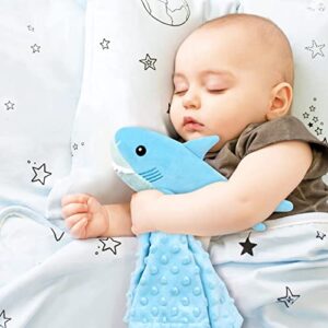 Shark Security Blanket Soft Loveys for Babies Boy Minky Dot Snuggle Plush Lovie Blue Stuffed Ocean Animal Sleeping Blanket Newborn Nursery Unisex Blankie 15 Inch