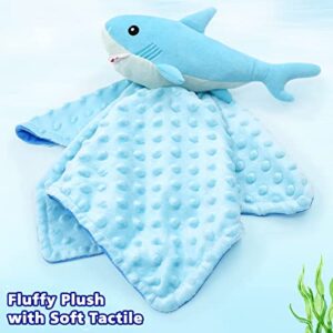 Shark Security Blanket Soft Loveys for Babies Boy Minky Dot Snuggle Plush Lovie Blue Stuffed Ocean Animal Sleeping Blanket Newborn Nursery Unisex Blankie 15 Inch