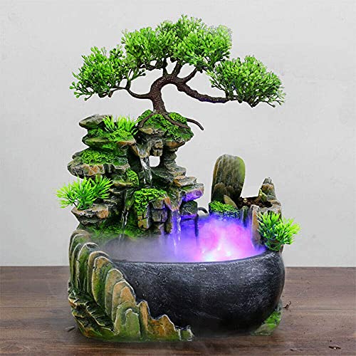 11" Desktop Waterfall Bonsai Mini Rock Fountain w/LED Lights & Atomizer, Small Artificial Bonsai Tabletop Decor Fountain Rockery, Desktop Fountain Waterfall for Indoor Outdoor Office Home Decor,Gift