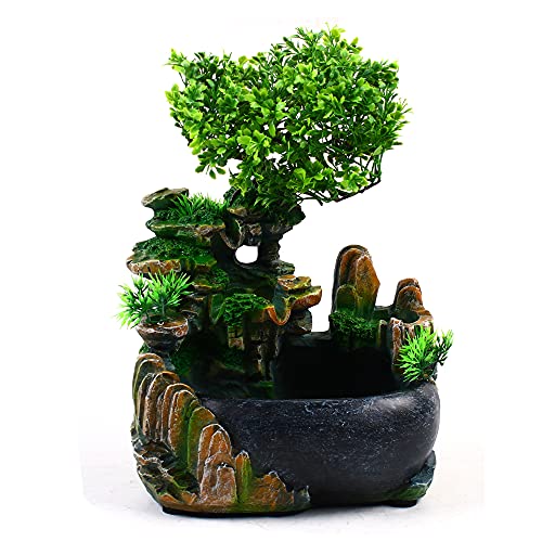 11" Desktop Waterfall Bonsai Mini Rock Fountain w/LED Lights & Atomizer, Small Artificial Bonsai Tabletop Decor Fountain Rockery, Desktop Fountain Waterfall for Indoor Outdoor Office Home Decor,Gift