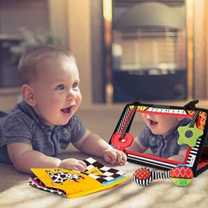 3-in-1 Tummy Time Mirror Toys with Soft Crinkle 3D Activity Book,Teethers, Rattle,High Contrast Black and White Montessori Baby Crawling Toys Developmental Newborn Infant Sensory Toys Gift 0-12 Months