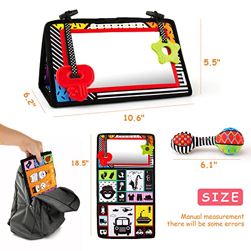 3-in-1 Tummy Time Mirror Toys with Soft Crinkle 3D Activity Book,Teethers, Rattle,High Contrast Black and White Montessori Baby Crawling Toys Developmental Newborn Infant Sensory Toys Gift 0-12 Months