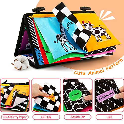 3-in-1 Tummy Time Mirror Toys with Soft Crinkle 3D Activity Book,Teethers, Rattle,High Contrast Black and White Montessori Baby Crawling Toys Developmental Newborn Infant Sensory Toys Gift 0-12 Months