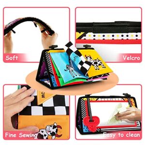 3-in-1 Tummy Time Mirror Toys with Soft Crinkle 3D Activity Book,Teethers, Rattle,High Contrast Black and White Montessori Baby Crawling Toys Developmental Newborn Infant Sensory Toys Gift 0-12 Months