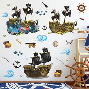 4 sheet pirate ship wall sticker shipwreck wall decal diy self-adhesive waterproof waves treasure fish hook pearl coral reef wall art decoration for kitchen bathroom kids boys bedroom playroom nursery (a)