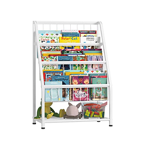 JAQ Bookshelf for Toddlers, 4-Tier Metal Kids Bookshelves Rack with Toy Storage Organizer in Bedroom Study Room Playrooms Nursery for Infants Baby Young Children (4-Tier/ 25.7inch, White)