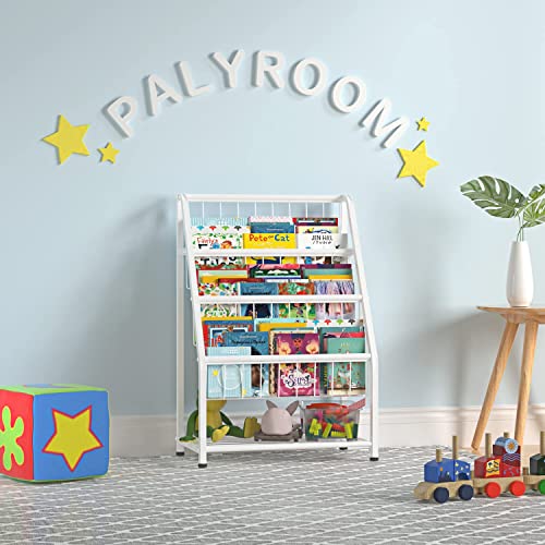 JAQ Bookshelf for Toddlers, 4-Tier Metal Kids Bookshelves Rack with Toy Storage Organizer in Bedroom Study Room Playrooms Nursery for Infants Baby Young Children (4-Tier/ 25.7inch, White)