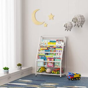 JAQ Bookshelf for Toddlers, 4-Tier Metal Kids Bookshelves Rack with Toy Storage Organizer in Bedroom Study Room Playrooms Nursery for Infants Baby Young Children (4-Tier/ 25.7inch, White)