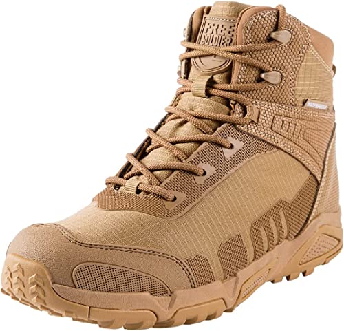 FREE SOLDIER Men's Waterproof Hiking Boots Lightweight Work Boots Military Tactical Boots Durable Combat Boots(Brown, 7.5 US)