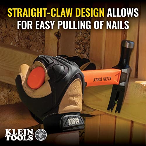 Klein Tools H80718 Straight-Claw 18-Ounce Hammer with Smooth Head, Fiberglass Non-Slip Shock Absorbing Grip Handle with Tether Hole, 15-Inch