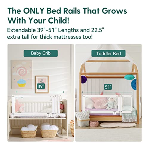 BABELIO Toddler Bed Rails, 39"-51" Extendable Baby Bed Guard Rail for Twin/Queen/Full/King Size Bed, Bed Side Rail for Toddlers, Kids & Elderly Adults, 22.5" Tall Bed Bumper