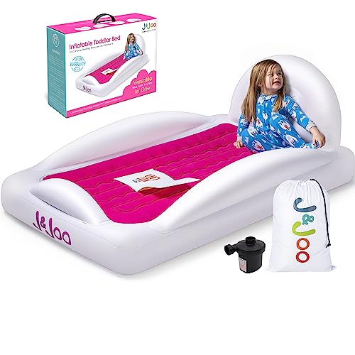 J&JOO Inflatable Toddler Travel Bed with Safety Bumpers & Backrest, Portable Kids Air Mattress for Travel, Camping or Hotels, Includes High Speed Pump, Pink, (Pink)