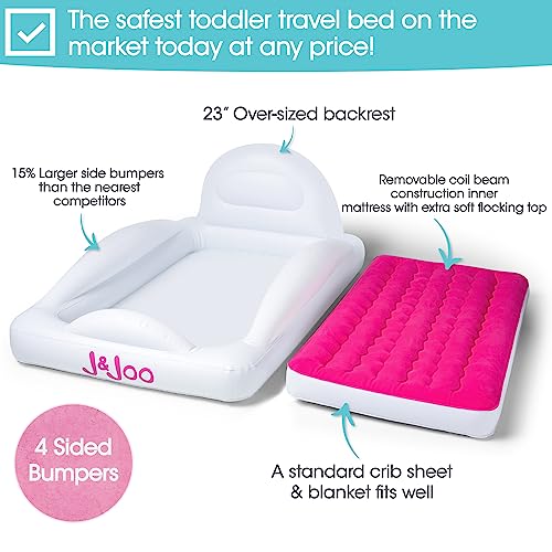 J&JOO Inflatable Toddler Travel Bed with Safety Bumpers & Backrest, Portable Kids Air Mattress for Travel, Camping or Hotels, Includes High Speed Pump, Pink, (Pink)