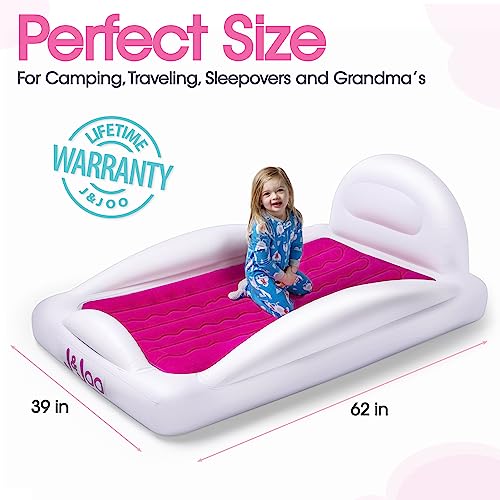 J&JOO Inflatable Toddler Travel Bed with Safety Bumpers & Backrest, Portable Kids Air Mattress for Travel, Camping or Hotels, Includes High Speed Pump, Pink, (Pink)