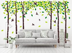 six birch tree wall decals birds cute squirrel forest wall stickers for kids room nursery bedroom living room classroom decoration (brown,green)