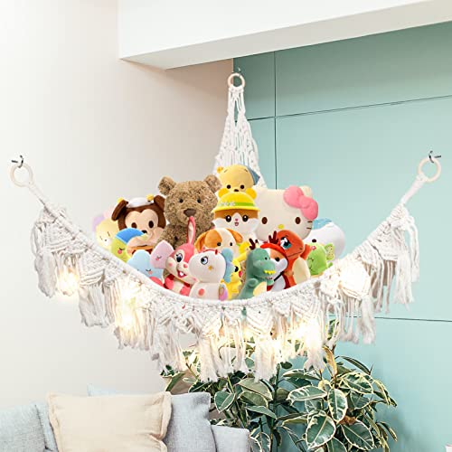 DSVENROLY Stuffed Animal Toy Hammock Macrame, Boho Large Toy Corner Hammock Organizer Display with LED Light, Hanging Stuffed Animal Toy Holder Net Tassel for Playroom Kid's Room Bedroom Nursery