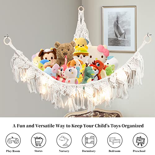 DSVENROLY Stuffed Animal Toy Hammock Macrame, Boho Large Toy Corner Hammock Organizer Display with LED Light, Hanging Stuffed Animal Toy Holder Net Tassel for Playroom Kid's Room Bedroom Nursery