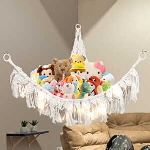 DSVENROLY Stuffed Animal Toy Hammock Macrame, Boho Large Toy Corner Hammock Organizer Display with LED Light, Hanging Stuffed Animal Toy Holder Net Tassel for Playroom Kid's Room Bedroom Nursery