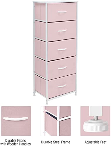 Sorbus Fabric Dresser for Kids Bedroom - Chest of 5 Drawers, Tall Storage Tower, Clothing Organizer, for Closet, for Playroom, for Nursery, Steel Frame, Fabric Bins - Wood Handle (Pink)