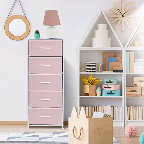 Sorbus Fabric Dresser for Kids Bedroom - Chest of 5 Drawers, Tall Storage Tower, Clothing Organizer, for Closet, for Playroom, for Nursery, Steel Frame, Fabric Bins - Wood Handle (Pink)