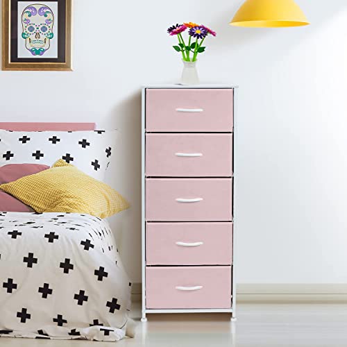 Sorbus Fabric Dresser for Kids Bedroom - Chest of 5 Drawers, Tall Storage Tower, Clothing Organizer, for Closet, for Playroom, for Nursery, Steel Frame, Fabric Bins - Wood Handle (Pink)