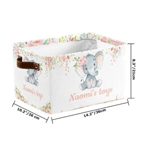 Joyestore Pink Flower Elephant Personalized Storage Bins ,Baskets Cubes Organizer with Handle for Shelves Closet Nursery Toy 4 Packs