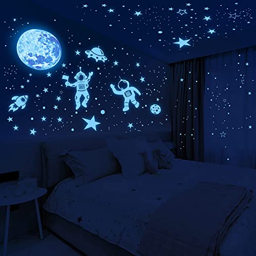 Glow in The Dark Stars for Ceiling Glow in The Dark Moon and Space Wall Decals Luminous Astronaut Universe Planet Galaxy Wall Stickers Outer Space Decal for Kids Boys Girls Bedroom Christmas Gift (Sky blue)