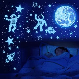 Glow in The Dark Stars for Ceiling Glow in The Dark Moon and Space Wall Decals Luminous Astronaut Universe Planet Galaxy Wall Stickers Outer Space Decal for Kids Boys Girls Bedroom Christmas Gift (Sky blue)