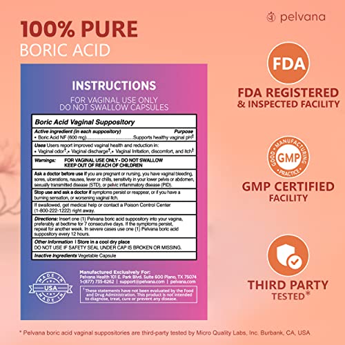 Pelvana Boric Acid Suppositories for Women 30 - for Vaginal pH Balance, Odor Control, Itching, & Discharge - Third-Party Tested & Made in The USA