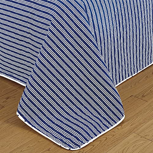 Market & Place 2 Piece Reversible Quilt Set with Sham | All-Season Soft & Lightweight Bedspread with Modern Striped Pattern | Nora Collection (Twin, White/Navy)