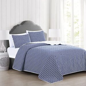 Market & Place 2 Piece Reversible Quilt Set with Sham | All-Season Soft & Lightweight Bedspread with Modern Striped Pattern | Nora Collection (Twin, White/Navy)