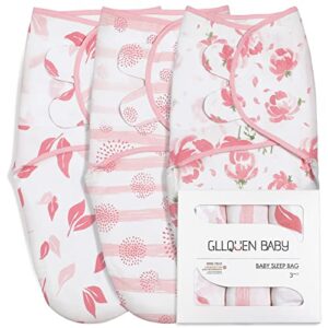 gllquen baby organic girl swaddle blankets, adjustable infant swaddle,newborn swaddles for 0-3 months, ergonomic baby sleep sack,pink floral or dandelions or leaves,swaddling blankets 3 pack wrap set