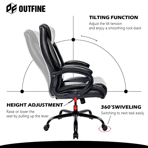 OUTFINE Heavy Duty Office Chair 400lbs Executive Office Chair Leather Desk Chair Computer Chair with Ergonomic Support Tilting Function Upholstered in Leather Blcak