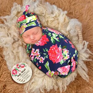 Yahenda 5 Pieces Baby Newborn Receiving Blanket with Headband Hat Set and Personalized Wood Birth Announcement Card Flower Print Baby Swaddle Receiving Blankets