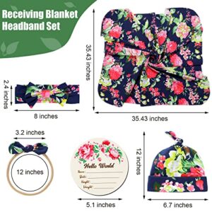 Yahenda 5 Pieces Baby Newborn Receiving Blanket with Headband Hat Set and Personalized Wood Birth Announcement Card Flower Print Baby Swaddle Receiving Blankets